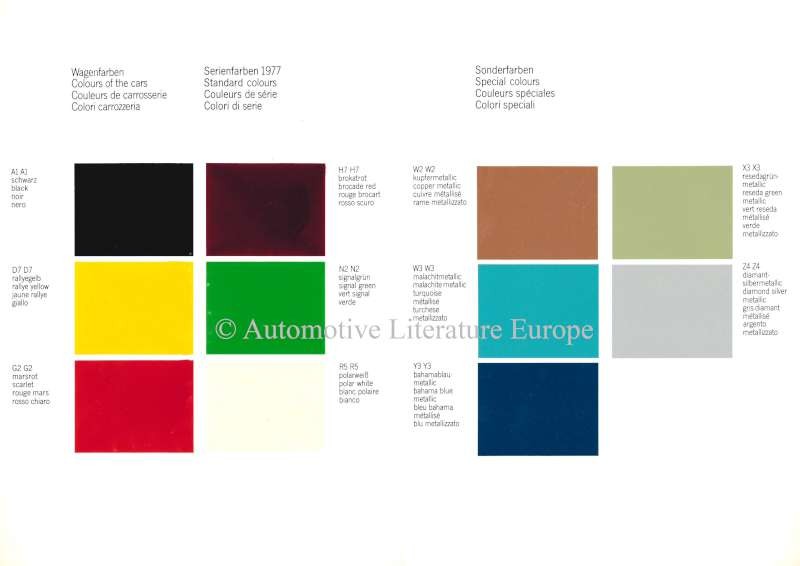 1977 PORSCHE 924 COLOUR CHART BROCHURE